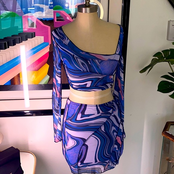 Dresses | Y2k Trending Sexy Psychedelic Club Wear Blue Skirt And Top ...